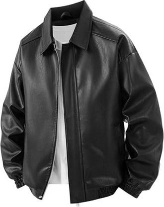 Generic Veste en cuir noir pour homme, blouson de motard en similicuir, col &agrave; revers, couleur unie noire, taille 3XL
