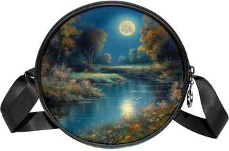 Generic Petit sac &agrave; bandouli&egrave;re Circle pour femme, sac &agrave; bandouli&egrave;re Moonlight Lake avec fermeture &eacute;clair, bretelles r&eacute;glables, sac &agrave; main rond d&eacute;contract&eacute; po