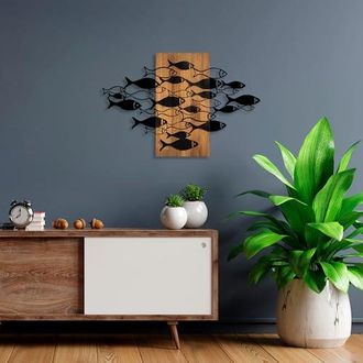Wallity Elegant Decorative Wooden Wall Accessory, 58 x 88 cm | 50% Wood (3 cm Thick) & 50% Metal | Unique Walnut & Black Finish, Perfect for Modern Decor