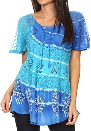 Sakkas 19213 - Chemise décontractée légère à Manches Courtes et à Encolure dégagée Aline pour Femmes - 19210-Turq - OSP