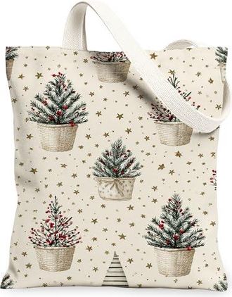 Generic Sacs fourre-tout en toile avec motif sapin de No&euml;l, motif floral, r&eacute;utilisables, vintage, l&eacute;gers, lavables, beige, 13x15 Inch