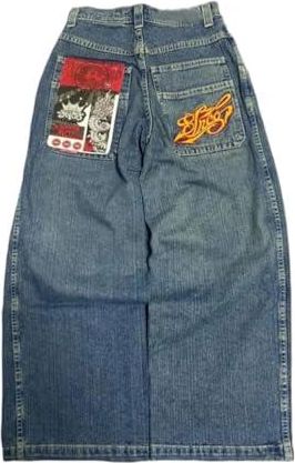 ORANDESIGNE Jeans Y2K Homme Taille Basse Printed Pants Pantalon Unisexe Pantalon Cargo Décontracté Imprimé Hippie Streetwear XXL Z08 Bleu