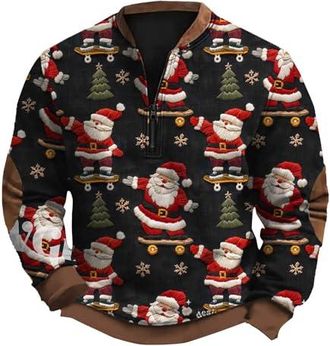 Generic Pull de Noël moche amusant Père Noël imprimé quart de fermeture éclair pull à manches longues pour homme Pull de Noël graphique 1/4 fermeture éclair S