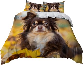 Generic Braun Bettw&auml;sche 135 x 200 cm f&uuml;r Kinder, Jungen Teenager Bettbezug-Set, Chihuahua Hund mit Tiermotiv Bedruckte Bettbez&uuml;ge mit Rei&szlig;verschluss und Kiss