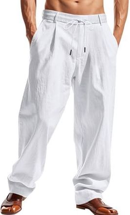 Generic Pantalon habill&eacute; en lin pour homme - Coupe ample - Taille &eacute;lastique - Pantalon d&eacute;contract&eacute; avec cordon de serrage - Pantalon de yoga ample - Jambe lar