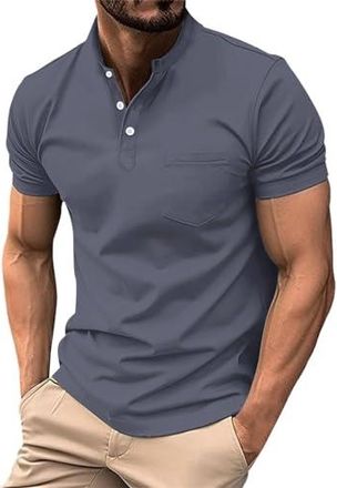 Generic Polo en coton pour homme avec col en bande - Chemises formelles &agrave; manches courtes - Col 1/4 - Coupe droite - T-shirt Henley avec poche de poitrine - D