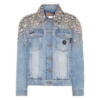 Philipp Plein Femme, Vestes, Bleu, Taille: 36 FR Veste en jean oversize avec pierres en cristal