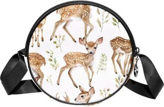 Generic Sac &agrave; bandouli&egrave;re rond pour femme, motif cerfs aquarelle, petit sac &agrave; dos &agrave; bandouli&egrave;re avec fermeture &eacute;clair, bretelles r&eacute;glables, sac &agrave; main rond d&eacute;