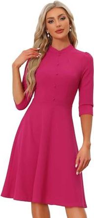 Allegra K Robes Fourreau pour Femmes Manches 3/4 Col Montant &eacute;l&eacute;gante Robe Trap&egrave;ze daffaires Rose Vif S