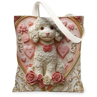 Generic Sac fourre-tout en toile avec motif caniche pour le shopping, 33 x 38 cm, sac d&eacute;picerie r&eacute;utilisable pour la Saint-Valentin, pour femme, animal domest