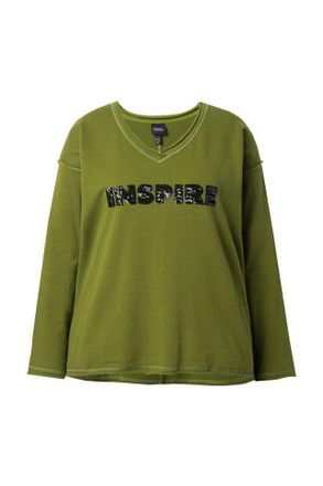 Ulla Popken Sweatshirt Sweatshirt Pailletten-Schriftzug V-Ausschnitt