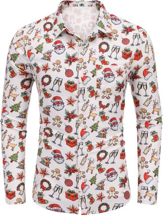Coofandy Herren Langarm Weihnachtshemd Männer Hemden Gedruckte Weihnachten Hemden Christmas Hemd Freizeithemd für Festival Party Weiß XXL