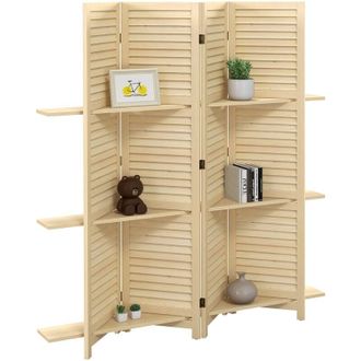 HOMCOM Homcom - Paravent int&eacute;rieur 4 panneaux en bois de paulownia - 3 &eacute;tag&egrave;res pliables - S&eacute;parateur de pi&egrave;ce avec pieds antid&eacute;rapants - Dimensions 160L x