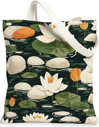 Generic Sac fourre-tout en toile de fleurs de lotus printani&egrave;res pour le shopping, 33 x 38,1 cm, motif abstrait amusant, feuilles de lotus, sac d&eacute;picerie r&eacute;ut