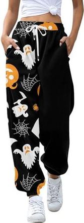 Generic Pantalon de surv&ecirc;tement en jean pour femme avec taille &eacute;lastique et poches lat&eacute;rales - Style d&eacute;contract&eacute; - Imprim&eacute; - Pour Halloween, Noir, XXL
