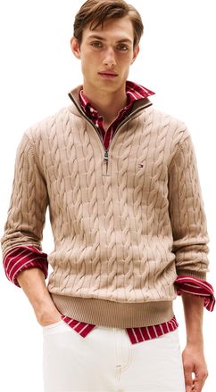 Tommy Hilfiger Herren Leichter Zopfmuster, Viertelreißverschluss Pullover, Coastal Taupe, Mittel