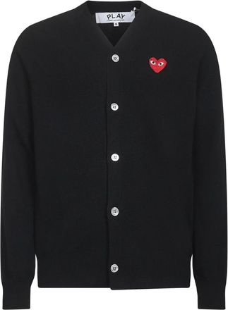 Comme Des Garçons Homme, Pulls, Noir, Taille: S Pull en Laine Noir à Col en V avec Logo Coeur Rouge