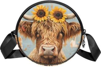 Generic Sac &agrave; bandouli&egrave;re rond pour femme, motif vache et tournesol avec fermeture &eacute;clair et bretelles r&eacute;glables