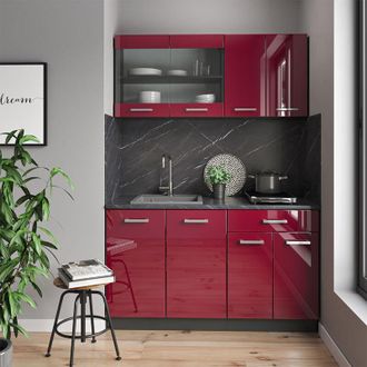 Vicco Singlek&uuml;che R-Line, Bordeaux Hochglanz/Anthrazit, 140 cm ohne Arbeitsplatte