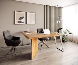 DELIFE Schreibtisch Live-Edge 170x170 Akazie Natur Gestell Silber Baumkante, Schreibtische, Baumkantenm&ouml;bel, Massivholzm&ouml;bel, Massivholz