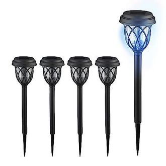 Relaxdays Solarlampen 5er Set, Laternen-Optik, LED Gartenleuchten, HxD: 42,5 x 10 cm, mit Erdspieß, schwarz/transparent