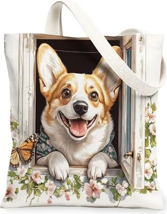 Generic Sac fourre-tout en toile motif chien Corgi printanier 33 x 38,1 cm, motif floral amusant, r&eacute;utilisable, sac d&eacute;picerie pour femme, peinture danimaux do
