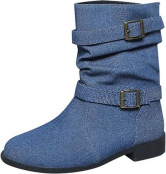 Generic Bottines larges pour femme - Style vintage - Boucle en jean - Bout rond - Talon bas - Bottes de cowboy l&eacute;g&egrave;res et confortables - &Eacute;l&eacute;gantes et polyvale