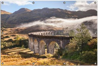 Wallario Outdoor-Poster f&uuml;r Garten oder Balkon Viadukt im Morgennebel, Motivbanner Gr&ouml;&szlig;e: ca. 100 x 150 cm, Outdoor-Bild