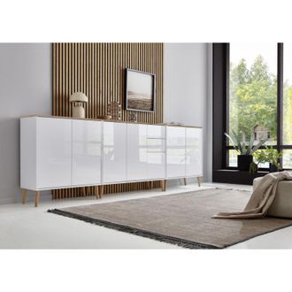 BMG M&ouml;bel BMG M&ouml;bel Sideboard mit Holzf&uuml;&szlig;e &raquo;Mailand Set 6&laquo;, Korpus wei&szlig; matt und wei&szlig; lackierte Hochglanzfronten, Oberboden in Artisan Eiche