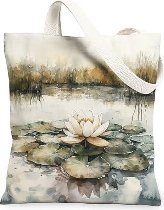Generic Sac fourre-tout en toile avec motif n&eacute;nuphar japonais pour faire du shopping, 33 x 38,1 cm, sac d&eacute;picerie r&eacute;utilisable pour homme et femme, peinture e