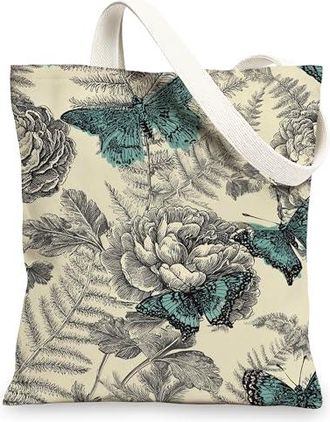 Generic Sacs fourre-tout vintage en toile motif papillon, sacs dépicerie réutilisables, légers et lavables avec bandoulière, beige, 13x15 Inch