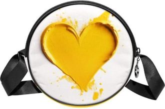 Generic Sac &agrave; bandouli&egrave;re Circle pour femme, peinture coeur jaune, petit sac &agrave; bandouli&egrave;re avec fermeture &eacute;clair, bretelles r&eacute;glables, sac &agrave; main rond d&eacute;contr