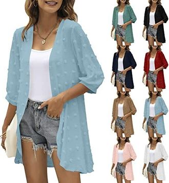 Generic Cardigan d&eacute;t&eacute; pour femme - Cardigan drap&eacute; &agrave; manches 3/4 - L&eacute;ger - Style d&eacute;contract&eacute; - Ouvert sur le devant - Couleur unie - Cardigan cascade, vert men