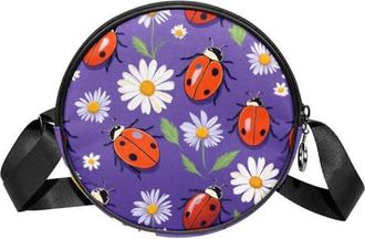 Generic Sac &agrave; bandouli&egrave;re rond pour femme, motif coccinelles, fleurs, petit sac &agrave; bandouli&egrave;re avec fermeture &eacute;clair, bretelles r&eacute;glables, sac &agrave; main rond d&eacute;co