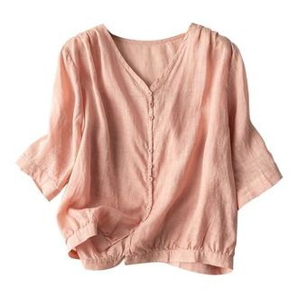 Generic Chemise de plage courte pour femme - Chemise en lin pour femme - Chemisier &agrave; col en V boutonn&eacute; &agrave; manches 1/2 - Doux et &eacute;l&eacute;gant - Chemise &agrave; popover &agrave; b
