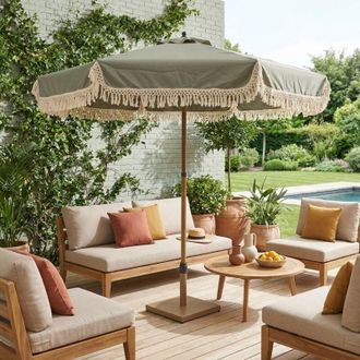 Sweeek Parasol HOSSEGOR droit &agrave; franges 2m. kaki. acier. m&acirc;t effet bois. UPF 30+. D 200 x H 225 cm