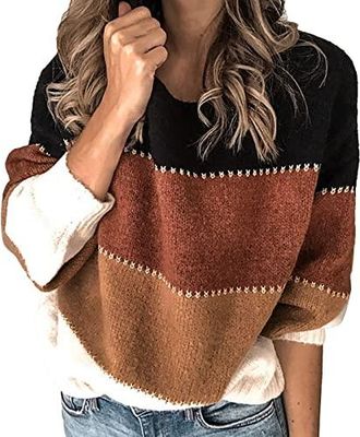 Generic Tunique Femme Hiver Pull Femme Chic Et Original Pulls Casual Manches Longues Col Rond Bloc De Couleur Patchwork Pull en Tops Ample Hiver Chic Khaki L