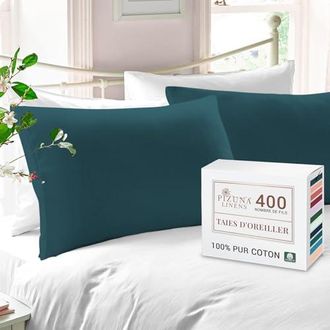 Pizuna Coton Peign&eacute; Set de 2 50x75 cm Bleu Paon, 100% Coton Longue Tige 400 Fils Armure Satin Taies doreiller en Coton 50x75 avec Rabat de 20cm (taies doreil