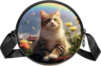 Generic Petit sac &agrave; bandouli&egrave;re rond rond pour femme, motif chat arc-en-ciel, avec fermeture &eacute;clair, bretelles r&eacute;glables, d&eacute;contract&eacute;