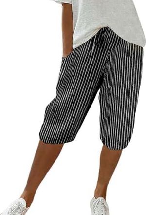 Generic Short court en coton et lin pour femme avec cordon de serrage et taille &eacute;lastique - Pantalon court ray&eacute; avec poches - Longueur genou - Pantalon d&eacute;cont