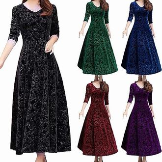 Generic Robe en velours pour femme - Élégante - Longue - Rouge - Robe de cocktail - Robe de soirée moulante - Robe de Nouvel An - Manches longues - Robe festi