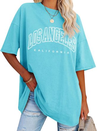 Dresswel Oversized T Shirt Damen Los Angeles California Brief drucken Vintage T-Shirt Kurzarm Rundhals Sommer Oberteile Lose Bluse Lang Tunika Top f&uuml;r Teenager
