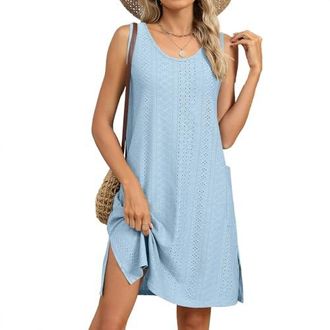 Generic Robe d&eacute;t&eacute; l&eacute;g&egrave;re pour femme - Robe courte - Sans manches - Col rond - Longueur genou - Robe de plage d&eacute;contract&eacute;e avec poches - Robe d&eacute;bardeur d&eacute;contr