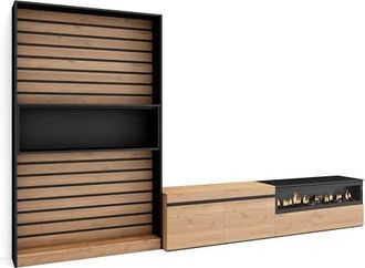 Skraut Home Wohnzimmerm&ouml;bel f&uuml;r TV | Esstisch-Set | 210 x 186 x 35 cm | f&uuml;r Fernseher bis 80 Zoll | Elektrokamin | moderner Stil | Eiche und Schwarz