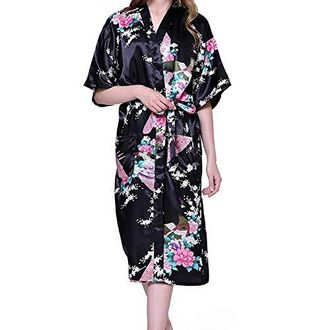 ZYUEER Robe De Chambre Kimono Satin Chemise De Nuit Femme Manche Courte V&ecirc;Tements De Nuit Sexy Pour LH&ocirc;Tel Spa Sauna V&ecirc;Tements De Nuit (Noir, XXL)