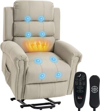 HOMCOM Fauteuil releveur &eacute;lectrique - HOMCOM - massage et chauffage, dossier inclinable, ports USB - tissu en lin - 87x87,5x108cm - beige