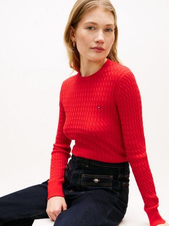 Tommy Hilfiger Rundhalspullover CO CABLE C-NK LS SWEATER Baumwolle, mit Zopfmuster, Regular Fit