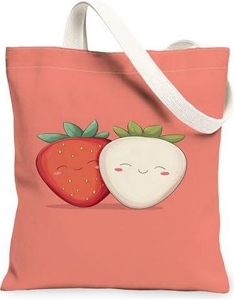 Generic Sac fourre-tout en toile motif fruits mignons, adorable motif fraise, sacs d&eacute;picerie r&eacute;utilisables, l&eacute;gers et lavables avec bandouli&egrave;re en toile B, p&ecirc;