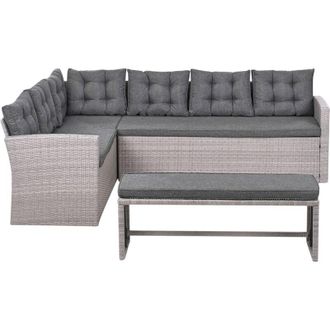 Beliani Ecksofa mit Bank Grau Polyrattan inkl. Auflagen Modernes Design Terrasse Outdoor Garten 6-Sitzer Sofa und 2-Sitzer Sitzbank Gartenset 2-Teilig