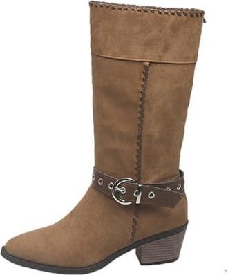 Generic Bottes mi-mollet d&eacute;contract&eacute;es pour femme - Couleur unie - Bout pointu - &Eacute;l&eacute;gante boucle &agrave; talon &eacute;pais - Confortables - Bottes de cowboy classiques - 